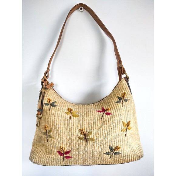 Fossil | Bags | Vintage Fossil Straw Shoulder Bag Beaded Floral ...